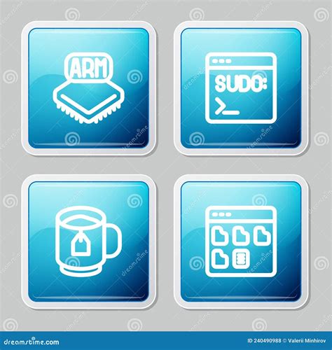 Set Line Processor Code Terminal Cup Of Tea With Tea Bag And Browser Files Icon Vector Stock