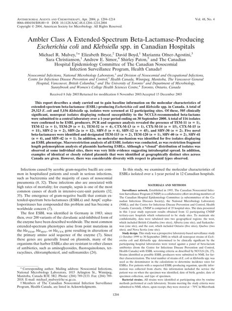 Pdf Ambler Class A Extended Spectrum Beta Lactamase Producing