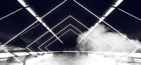 연기 가상 현실 네온 빛나는 흰색 공상 과학 소설 미래 현대 복고풍 외계인 우주선 복도 터널 형광 레이저 Led 조명 콘크리트 바닥 반사 지 하 3d 렌더링 어두운 색에