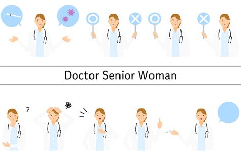 흰색 코트 포즈 세트 질문 수수께끼 포인팅 주입 등을 입은 수석 여성 의사 임신에 대한 스톡 벡터 아트 및 기타 이미지 임신 노인 물음표 Istock