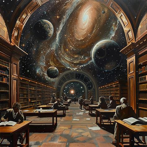 In A Library Classroom That Opens Into The Universe In The Style Of