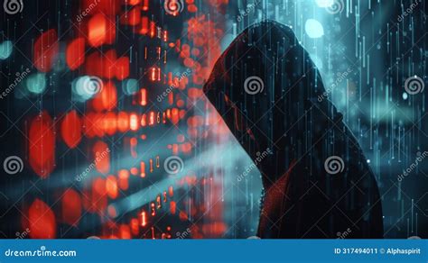 Unrecognizable Hacker In A Hoodie With Digital Code Backdrop In A Concept Of Cyber Security