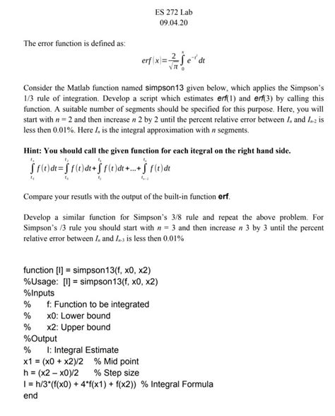 Es 272 Lab 090420 The Error Function Is Defined As