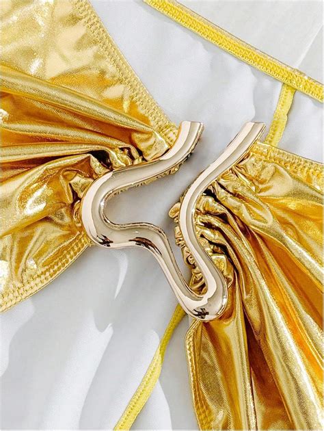 Makemechic Womens 3 Piece Bikini Sets Metallic Halter Ruched Triangle