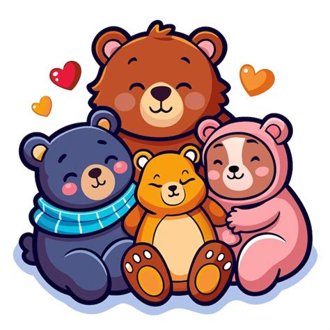 Four Cute Cartoon Bears Cuddling With Hearts Around Them Premium AI Generated Vector