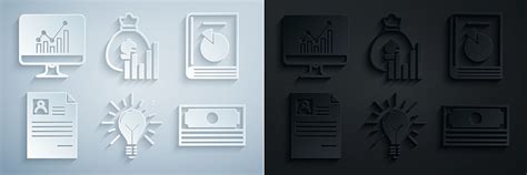 광선 빛과 아이디어의 개념 사용자 설명서 이력서 종이 돈 현금 돈 가방 다이어그램 그래프 및 컴퓨터 모니터 차트 아이콘과 함께 전구를 설정합니다 벡터 3차원 형태에 대한