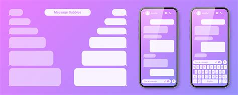 화려한 보라색 배경에 메시징 앱이 있는 현실적인 스마트폰 빈 Sms 텍스트 프레임입니다 투명한 메시지 거품이 있는 채팅 화면 소셜 미디어 응용 프로그램 벡터 그림 Brand