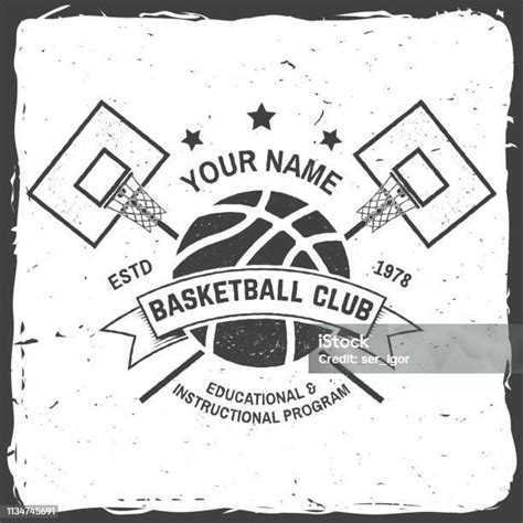 농구 클럽 뱃지 벡터 일러스트입니다 셔츠 프린트 스탬프의 컨셉 농구 링 그물 및 볼 실루엣 빈티지 타이포 그래피 디자인 Championship에 대한 스톡 벡터 아트 및