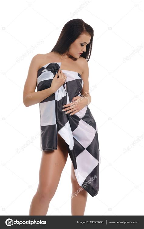 Woman Wearing Checkered Race Flag Posing At Studio Stock Photo By Wisky