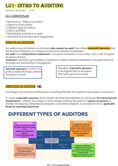 Lu1 2 Notes Test 1 Summary Auditing 2a Lu 1 Lesson Plan Introduction What Is An Auditor