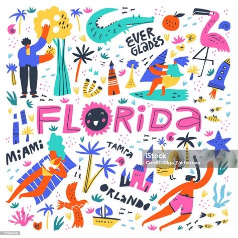 플로리다 해변 여름 레스트 플랫 벡터 일러스트레이션입니다 주 및 마을 이름 필기 문자입니다 휴가 휴가 엔터테인먼트 레크리에이션