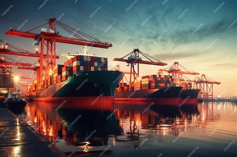 Premium Photo Container Ship Fleet In Harbor