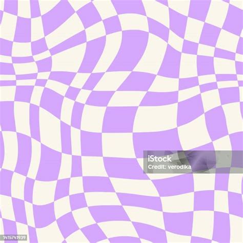 Y2k 왜곡 체크 무늬 이음새가 없는 패턴 귀여운 보라색 트리피 그루비 배경 소용돌이 모양에 대한 스톡 벡터 아트 및 기타 이미지 소용돌이 모양 연속무늬 체크 패턴