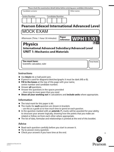 Edexcel Ial Physics Unit 1 Mock Pdf Force Deformation Engineering