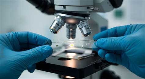 Scientist Analyzing Sample Under Microscope With Gloves In Laboratory