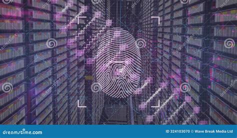Image Of Dna Structure Spinning Over Biometric Fingerprint Scanner Against Computer Server Room