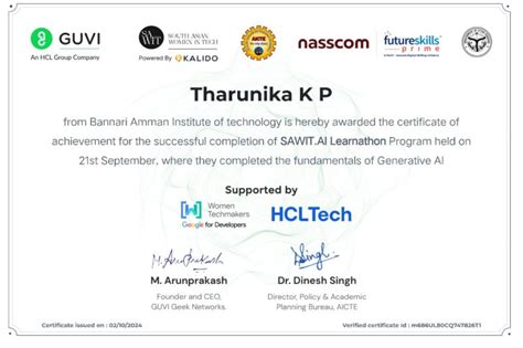 Tharunika K P On Linkedin Generativeai Learnathon Certificateofachievement