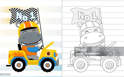 경주 용 자동차에 재미 있은 하마 만화 운반 마무리 깃발 색칠 공부 책 또는 페이지 Championship에 대한 스톡 벡터 아트 및 기타 이미지 Championship