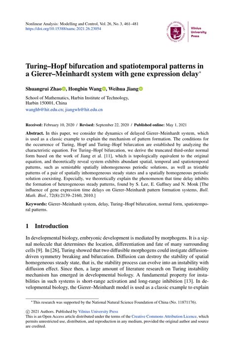 Pdf Turing Hopf Bifurcation And Spatiotemporal Patterns In A Gierer Meinhardt System With Gene
