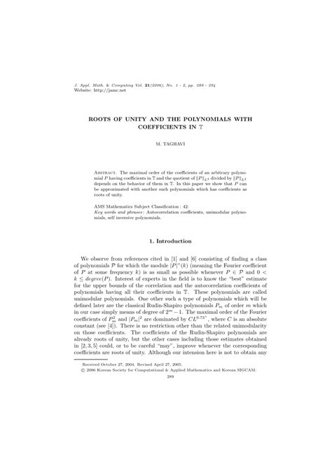 Pdf Roots Of Unity And The Polynomials With Coefficients In Mathbb T