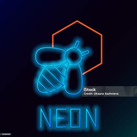 검은 배경에 파란색 빛나는 네온 라인 꿀벌과 벌집 아이콘 꿀 세포 날개 기호가있는 꿀벌 또는 Apis 비행 곤충 달콤한 천연 식품 다채로운 개요 개념 벡터 일러스트레이션 0