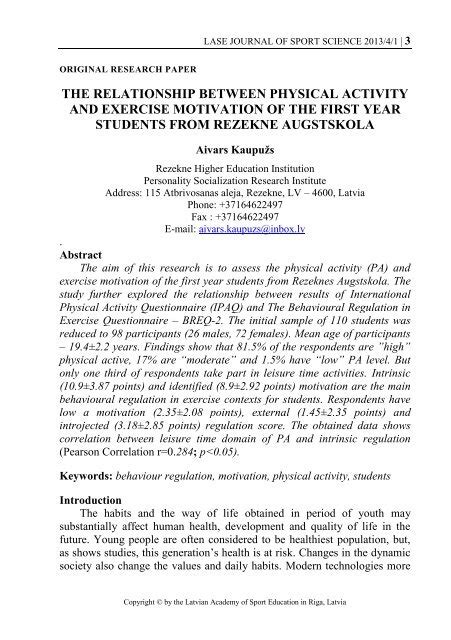 The Relationship Between Physical Activity And Exercise Motivation Of