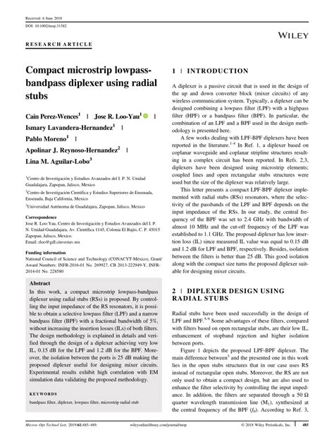 Compact Microstrip Lowpass Bandpass Diplexer Using Radial Stubs Request Pdf