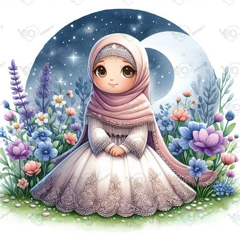 بک گراند کودکانه دختر ناز محجبه با لباس بلند در باغ گل زیر نور ماه کد