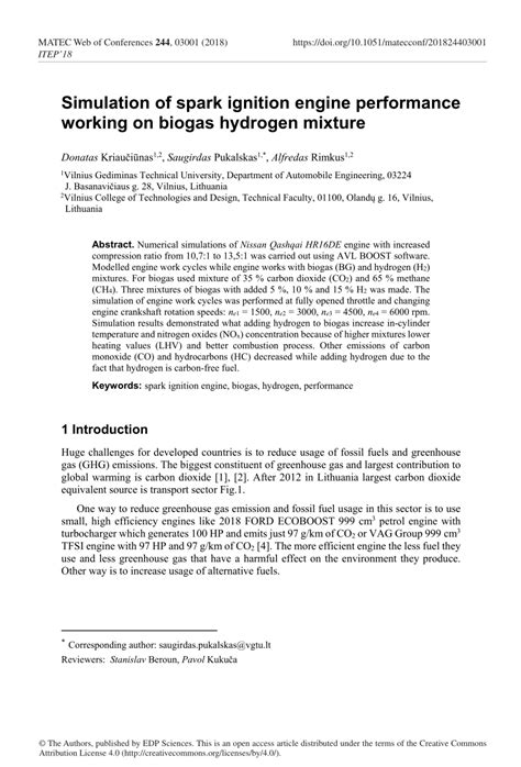 Pdf Simulation Of Spark Ignition Engine Performance Working On Biogas Hydrogen Mixture