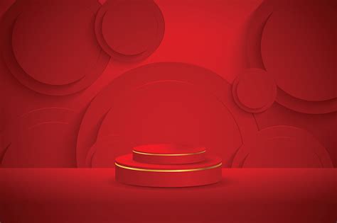 빨간색 연단과 빨간색 양각 원 요소 배경이있는 현대적인 금 테두리 복사 공간이 있는 제품을 배치하기 위한 3d 모양을 보여 주는 추상 벡터 그림입니다 0명에 대한 스톡 벡터