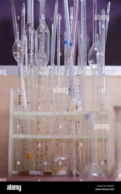 Chemical Flask On Table With Scale Numbers Stock Photo Alamy