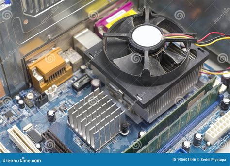 Computer Motherboard With Cooling Fan Closeup Shot Stock Photo Image Of Semiconductor