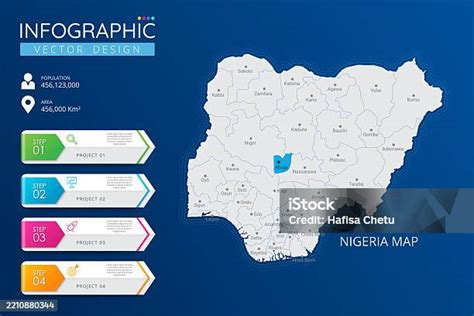 위치 포인터 표시가 있는 나이지리아 지도 분할 도시 및 자본 인포 그래픽 벡터 템플릿이있는 높은 상세한 국가지도 0명에 대한 스톡 벡터 아트 및 기타 이미지 Istock