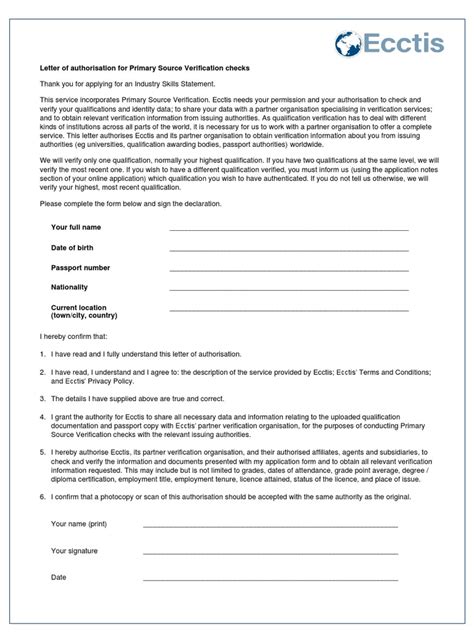 Authorisation For Primary Source Verification Of Qualifications And