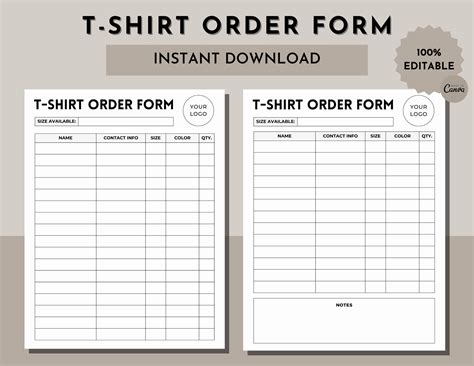 Customizable Printable Blank T Shirt Order Form Printable Templates