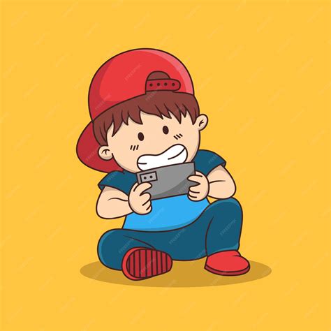 스마트폰 만화 벡터 일러스트 레이 션을 재생 하는 어린이 프리미엄 벡터