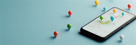 Smartphone Showing Map With Colorful Location Pins For Navigation Stock