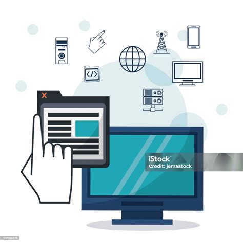 색상 창 근접 촬영에서 데스크톱 컴퓨터와 배경 위에 애플 리 케이 션 및 네트워킹 아이콘 네트워크 서버에 대한 스톡 벡터 아트 및 기타 이미지 네트워크 서버 네트워크