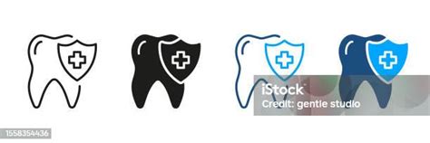 치아 보호 치과 보험 픽토그램 의료 구강 관리 실루엣과 라인 아이콘 세트 치아 위생 및 방어 기호 컬렉션 치과 치료 표지판 격리된 벡터 그림 이빨에 대한 스톡 벡터 아트 및