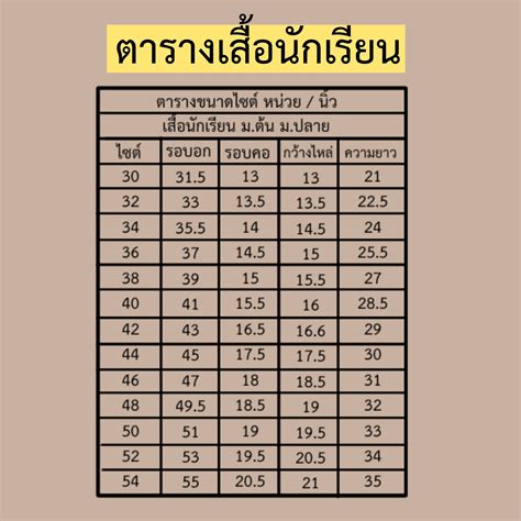 ตารางไซต์ เสื้อ กระโปรงนักเรียนทรงแคบ Good Day