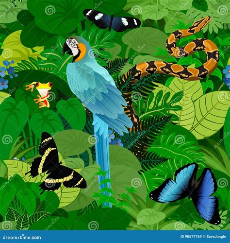 Seamless Vector Tropical Rainforest Jungle Background With Ara Makaw