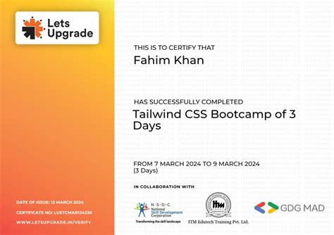 Completed Tailwind Css Bootcamp With Letsupgrade Mohammad Fahim Khan