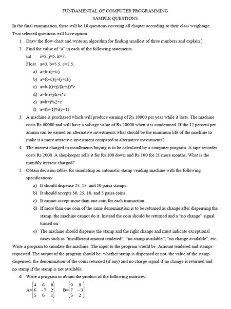 02 Fundamental Of Computer Programming Sample Questions Pdf Matrix Mathematics Euclidean
