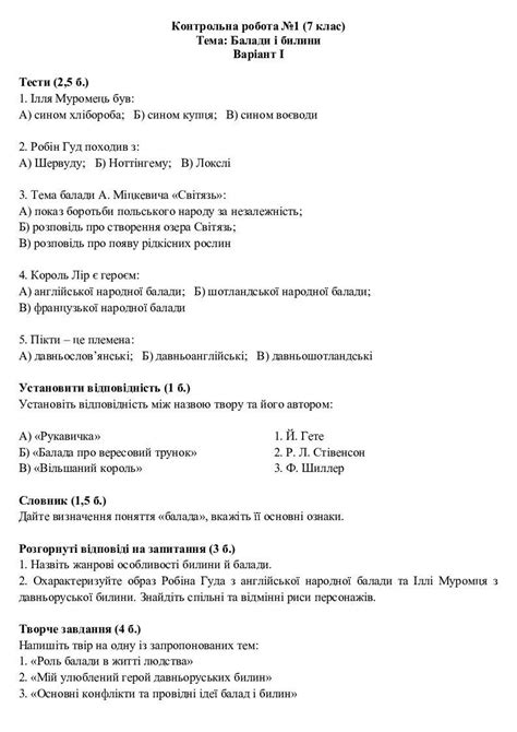 Усі контрольні роботи 7 клас Тест Зарубіжна література