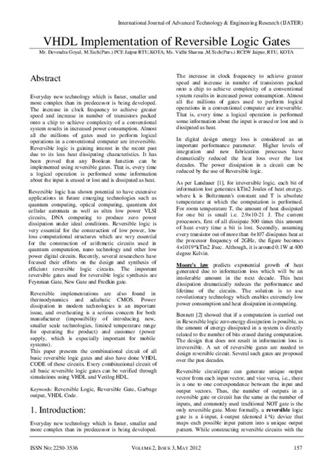 Pdf Vhdl Implementation Of Reversible Logic Gates