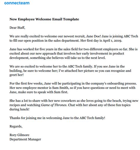 Welcome New Employee Message
