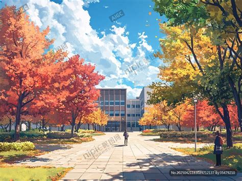 Ai创作图秋天 校园 树木 建筑 行人 天空 云彩 红叶 黄叶 草地 道路 阳光 景致 漫步 氛围 昵图网