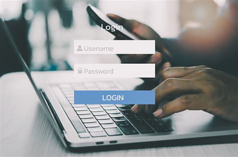 Man Using Laptop Computer And Sign Up Or Log In Username Password Virtual Touch Screen Stock