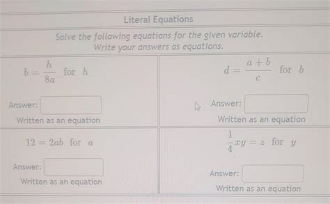 Solved Literal Equations Solve The Following Equations For Chegg Com
