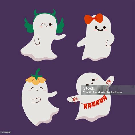 귀여운 재미있는 유령의 할로윈 세트 다른 감정 모자 및 얼굴 표정을 가진 아이들을위한 유치한 유령 캐릭터 0명에 대한 스톡 벡터 아트 및 기타 이미지 Istock